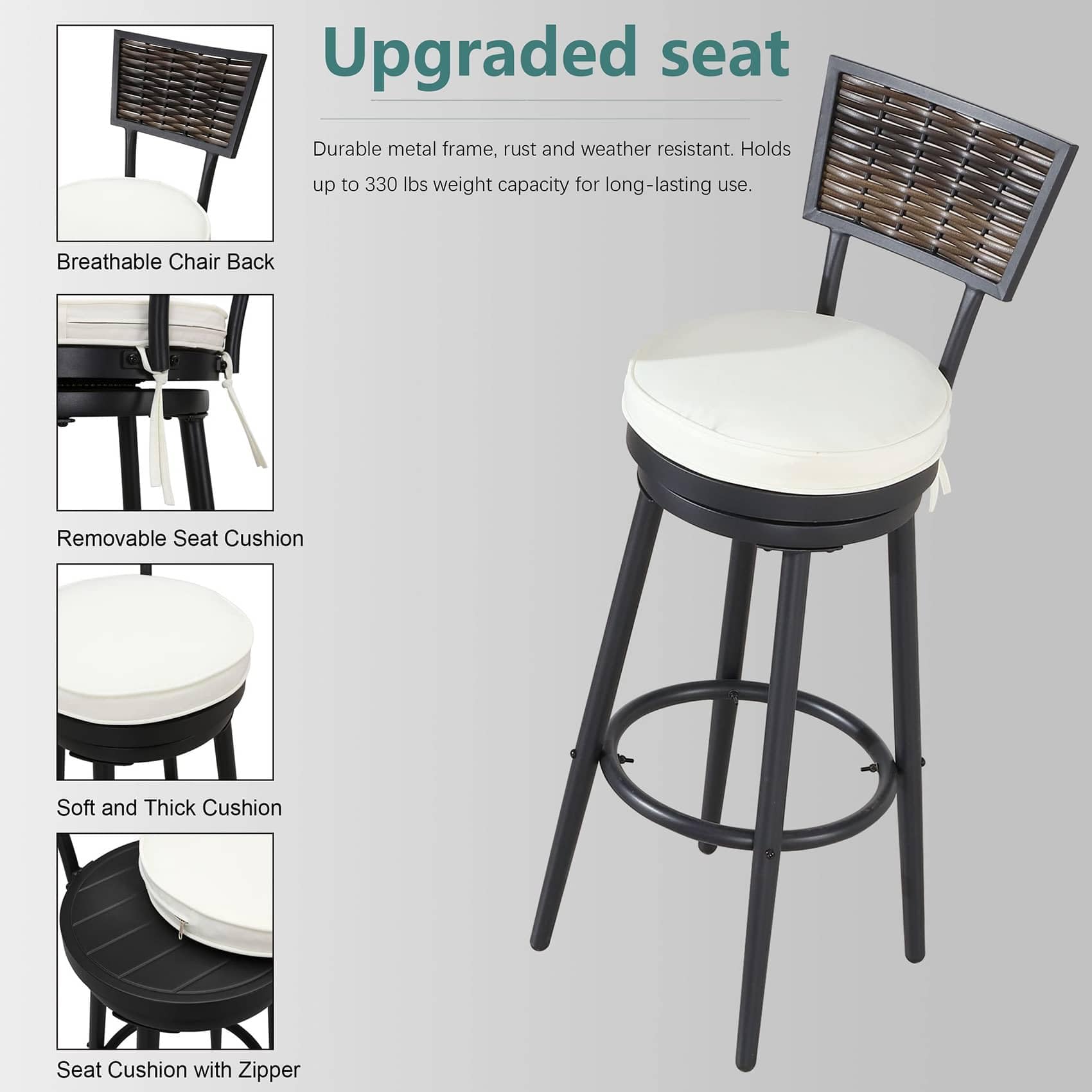 TOP HOME SPACE Patio Bar Stools Outdoor Swivel Bar Height Stool Chairs with Rattan Back Cushion for Deck Porch Backyard, Set of 4