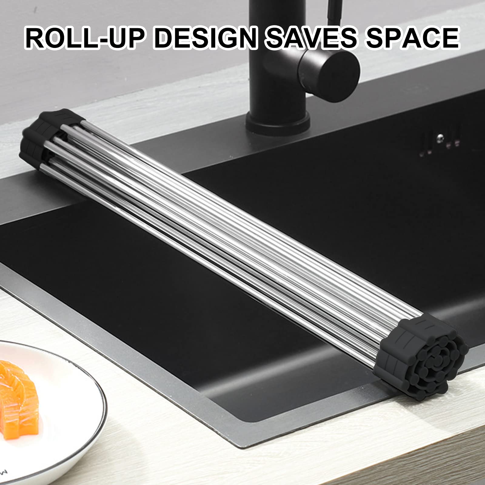 NileHome Roll Up Dish Drying Rack, Sink Drying Rack Over Sink Dish Drying Rack 304 Stainless Steel Foldable Drain Rack for Kitchen Sink Counter Utensils Vegetables and Fruits (17.5''X16.5''),Black