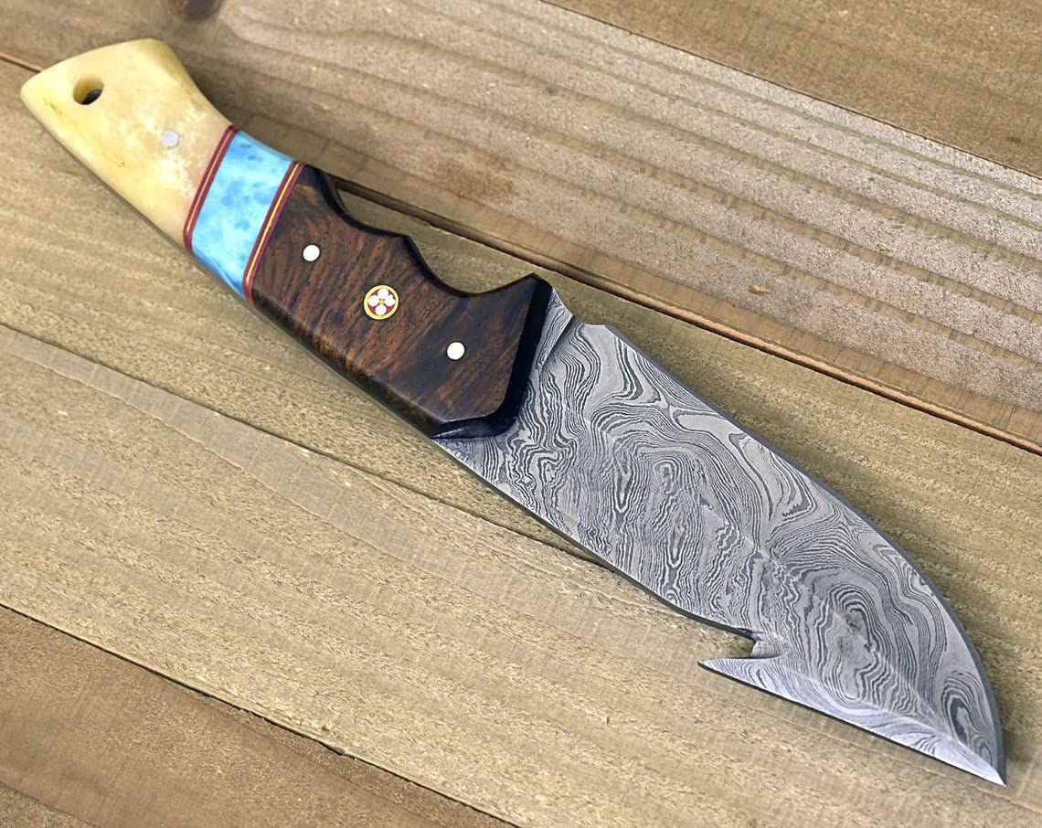 PSK74 - 1| 3| 5| 10| 15| 20 Pieces Pack Bulk Lot - 10″ Custom Damascus Gut Hook Knife, Hunting Fishing Camping Utility Knife Gift, Bulk Discounted (20 Pieces)