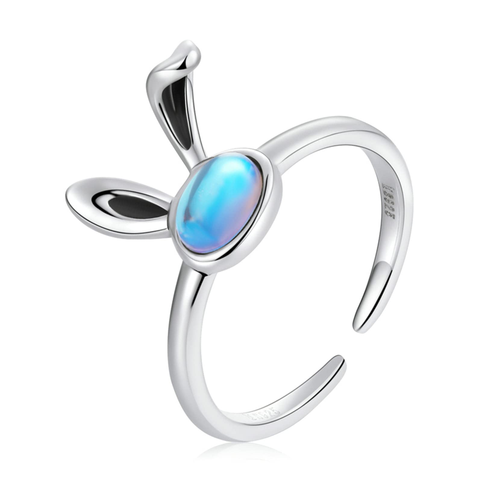 Rainbow Moonstone Ring 925 Sterling Silver Rabbit Rings Cute Animal Adjustable Open Ring Gifts for Engagement Anniversary Wedding