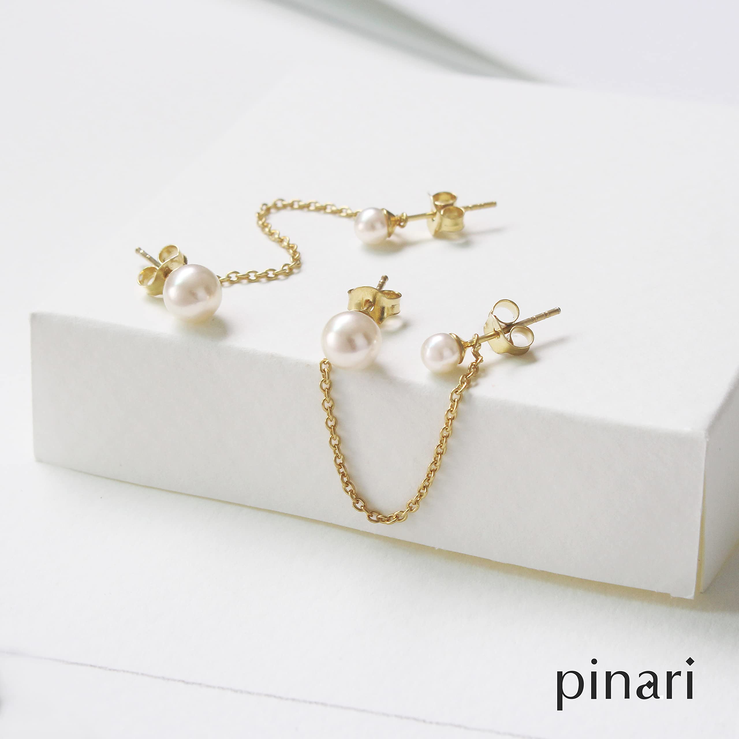 Pinari Double Piercing Pearl Earrings Set β Gold Plated Detachable Chain - 2 Pairs of Shell Pearl Studs β Sterling Silver Double Earrings for Two Holes