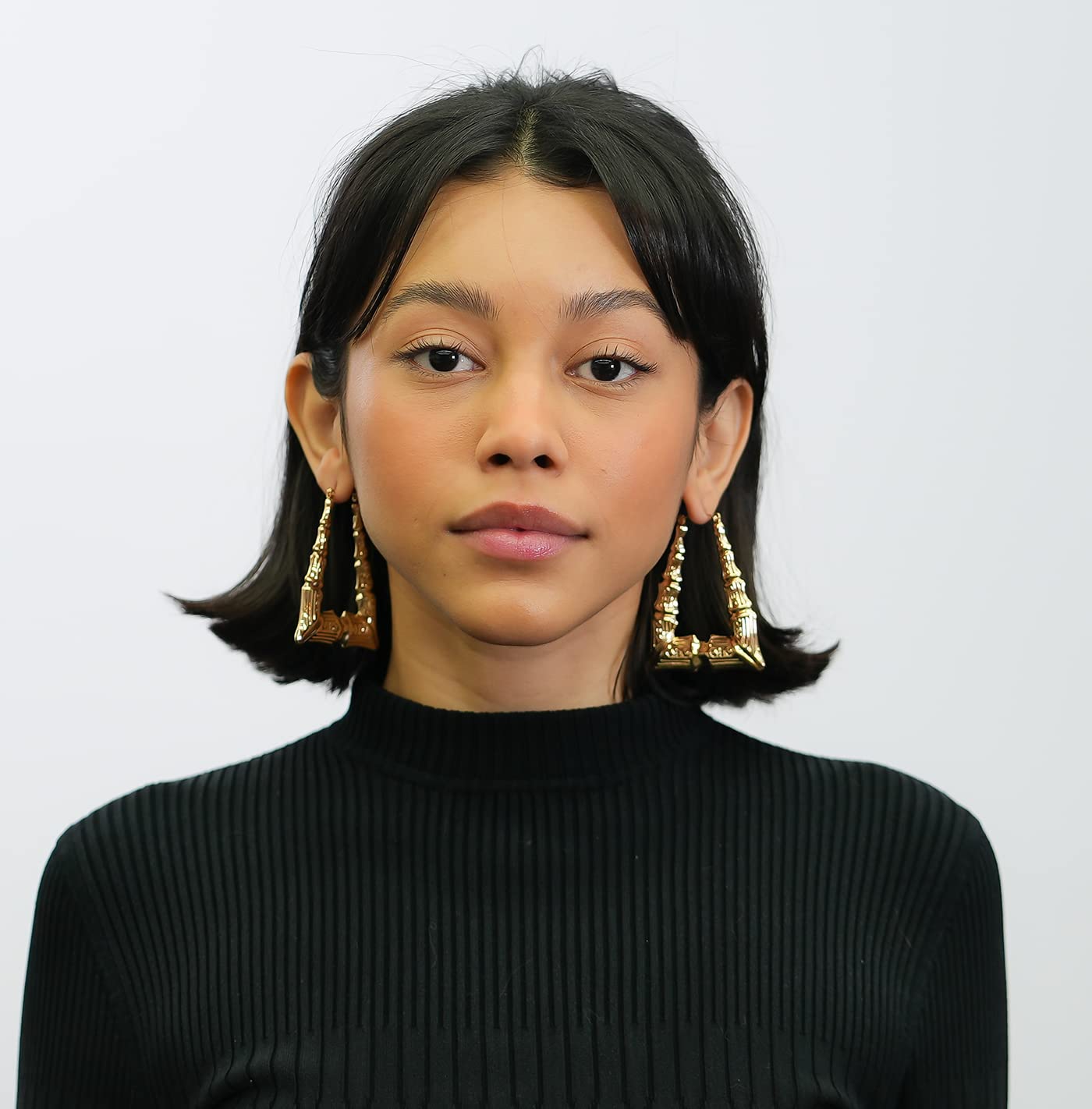 Pnk Trend Gold Tone Hollow Casting Hip-Hop Oversized Triangle Bamboo Large Hoop Earrings for Women, 50 mm/ 2 Inches with Gift Jewelry Box