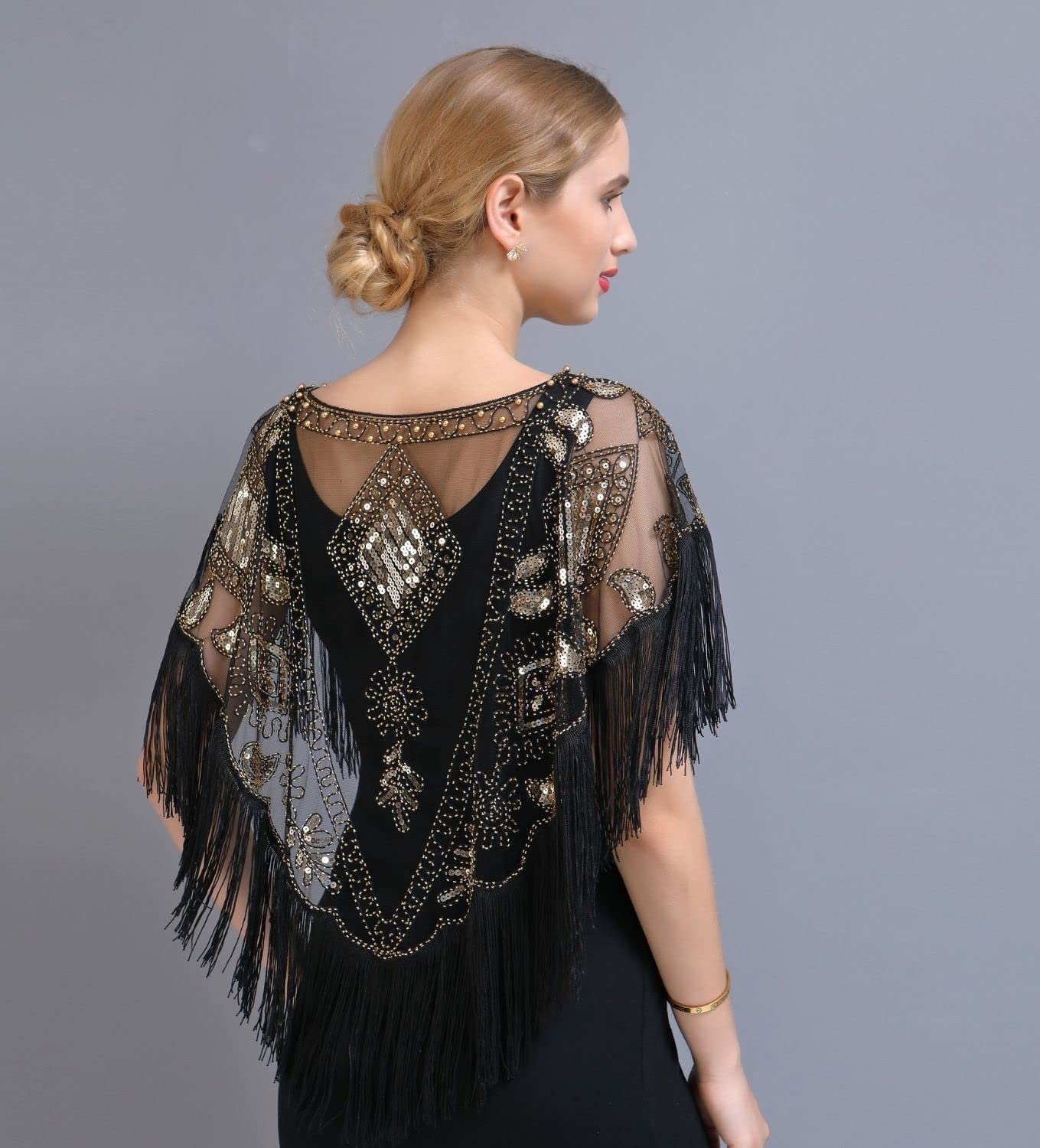 Rlosjin πππππ¬ ππ‘ππ°π₯ ππ¨π« ππ¨π¦ππ§, Sequin Beaded Bridal Shawl, Dab Dinner Shawl, Prom Shawl, Dinner Scarf, ππ«ππ¬π¬ πππ«ππ² ππ‘ππ°π₯- Black Gold