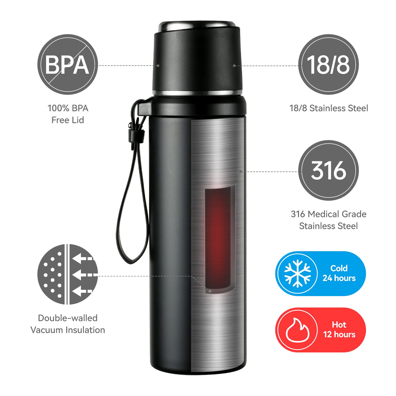 RELEA Stainless Steel Water Bottle Vacuum Coffee Thermos with Leakproof Lid & Handle Double Walled Coffee Cup, Hot & Cold for Hours (17 OZ, Black)