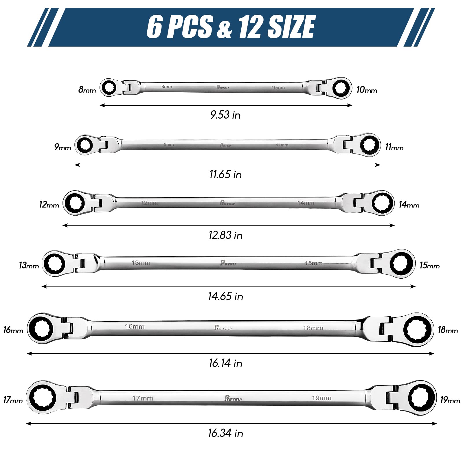 PTSTEL Ratcheting Wrench Set, Extra Long Double Box End Wrench Set,Flex-Head Metric Spanner Set, 6 Piece 72-Tooth Ratcheting Wrench Kit, 8-19mm (6, 8-19mm)