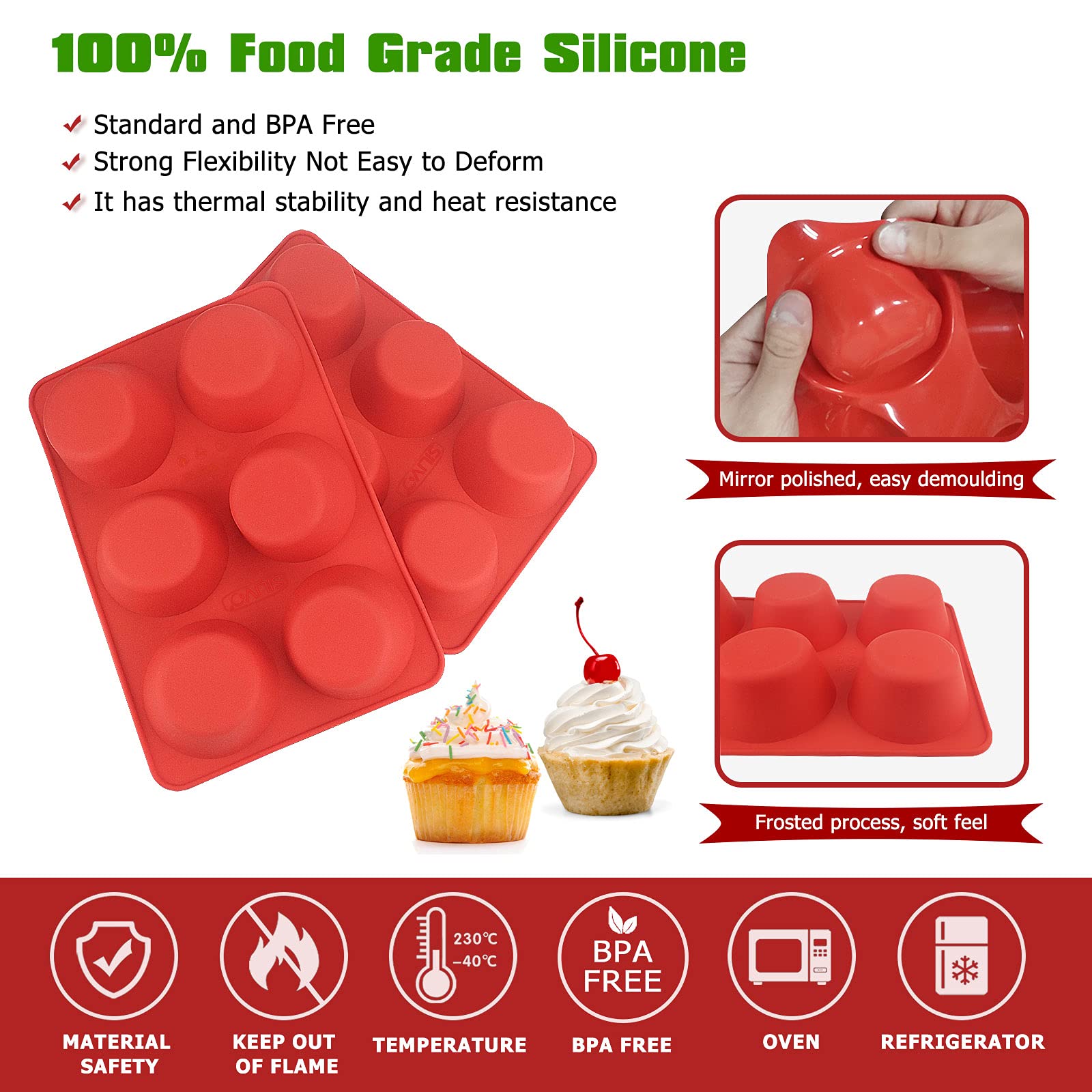 SILIVO Silicone Jumbo Muffin Pans Nonstick 6 Cup(2 Pack) - 3.5 inch Large Cupcake Pan - Silicone Baking Molds for Homemade Muffins and Cupcakes - 6 Cup Muffin Tin