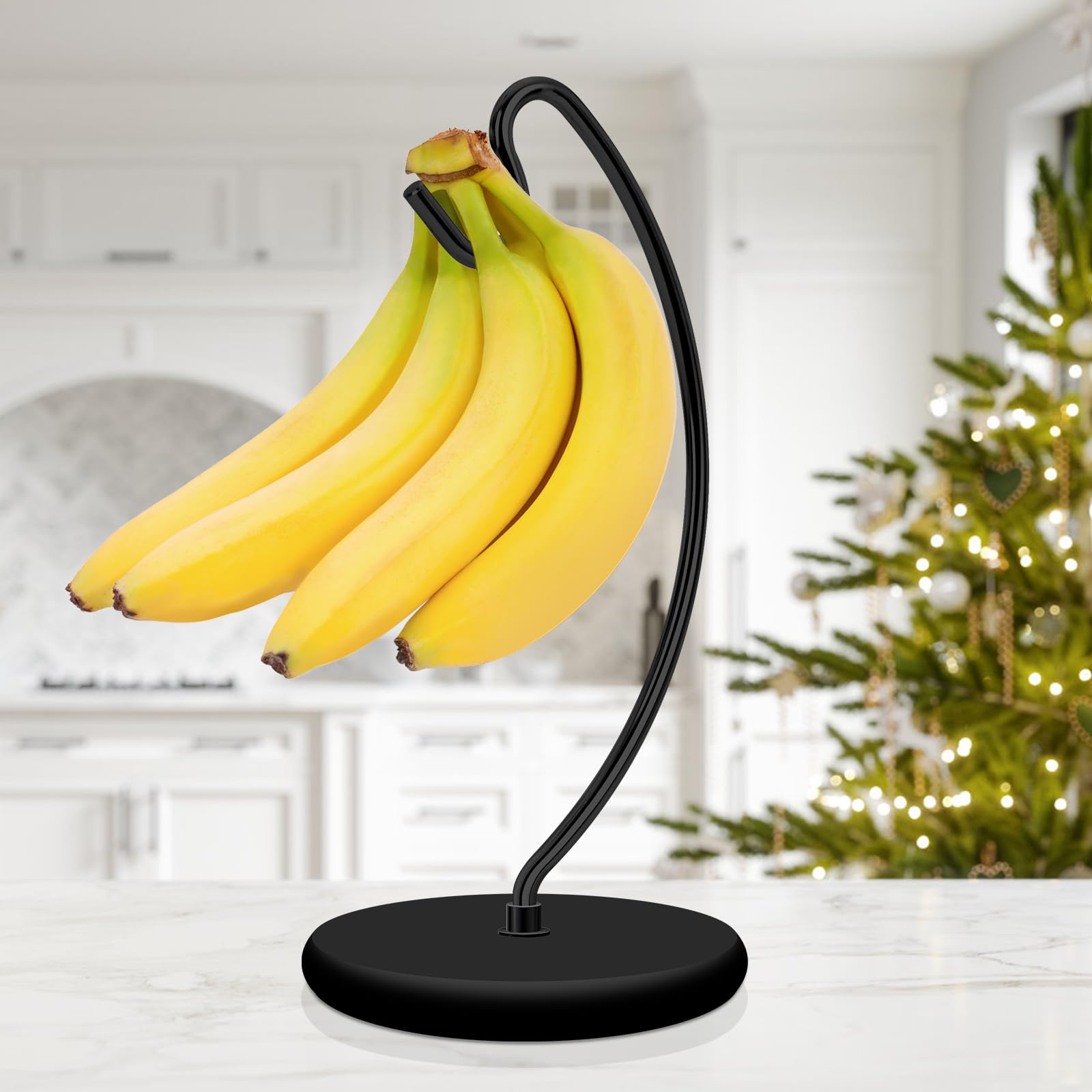 Niceyos Banana Holder Stand - Newest Patented Modern Banana Hanger with Wood Base Stainless Steel Banana Tree Hook Rack for Kitchen Countertop (Full Black)