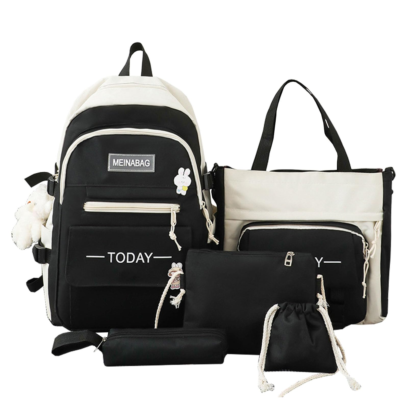 Josfey 5Pcs Kawaii Backpack Cute Backpack Aesthetic Backpack Preppy Backpack SetKawaii School Supplies with Accessories (Black)