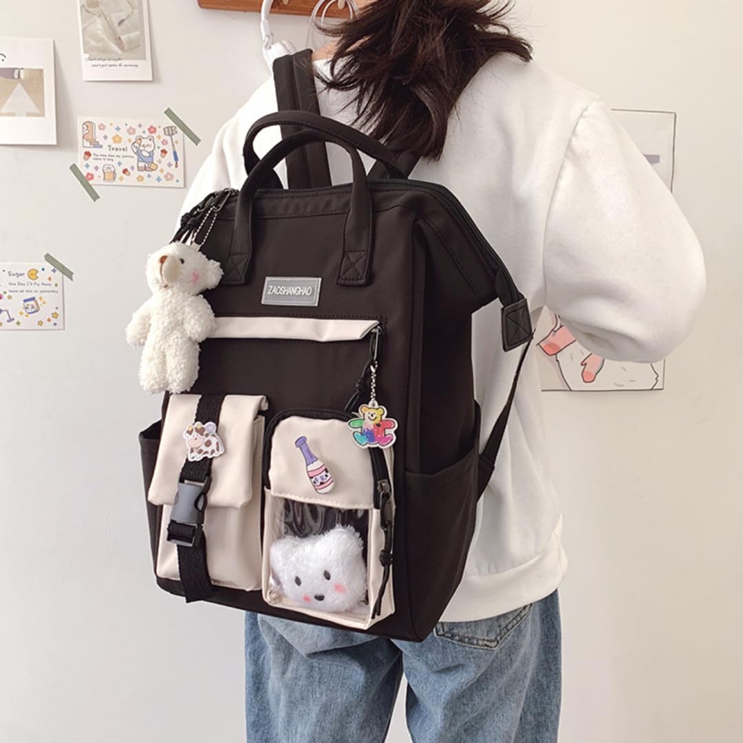 josfey Kawaii Backpack Cute Backpack Aesthetic Backpack Preppy Backpack Kawaii School Supplies with Accessories and 2Pins (Black)