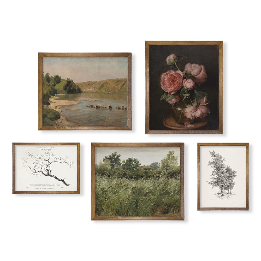 Vintage Farmhouse Botanical Wall Decor | Landscape Neutral Floral Wall Art for Boho French Country Kitchen Bathroom Bedroom Picture Poster Print I Flower Room Decor Aesthetic Cottagecore Plant 5 Set