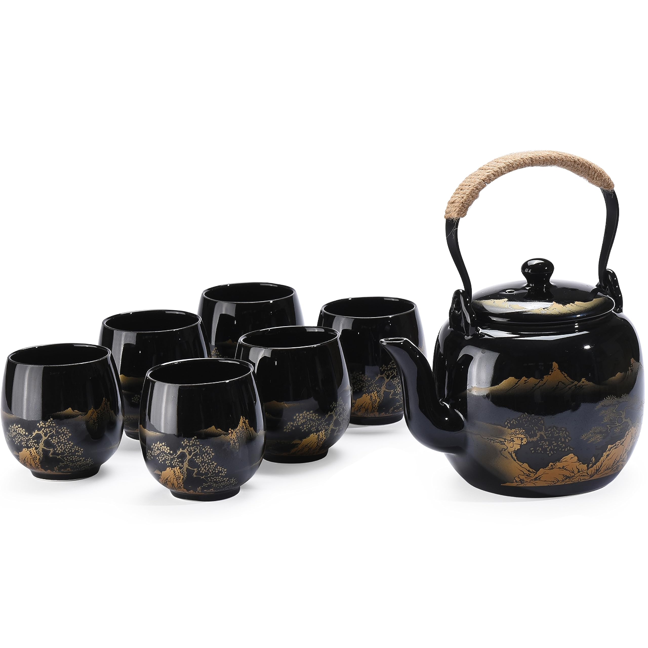 Kitchtic Japanese Porcelain Tea Set: Authentic Ceramic Teapot & Cups - Elegant Design for Tea Parties and Daily Use - Microwave & Dishwasher Safe - Ideal Gift for Tea Enthusiasts - 7 Pcs - Black