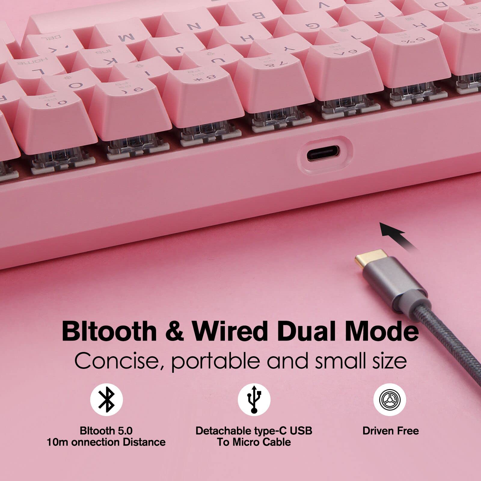 MOTOSPEED Bluetooth/Wired 60% Pink Mechanical Keyboard Compact 61 Keys RGB LED Backlit Type-C Gaming/Office Keyboard for PC/Mac/Laptop Gamer (Blue Switch)