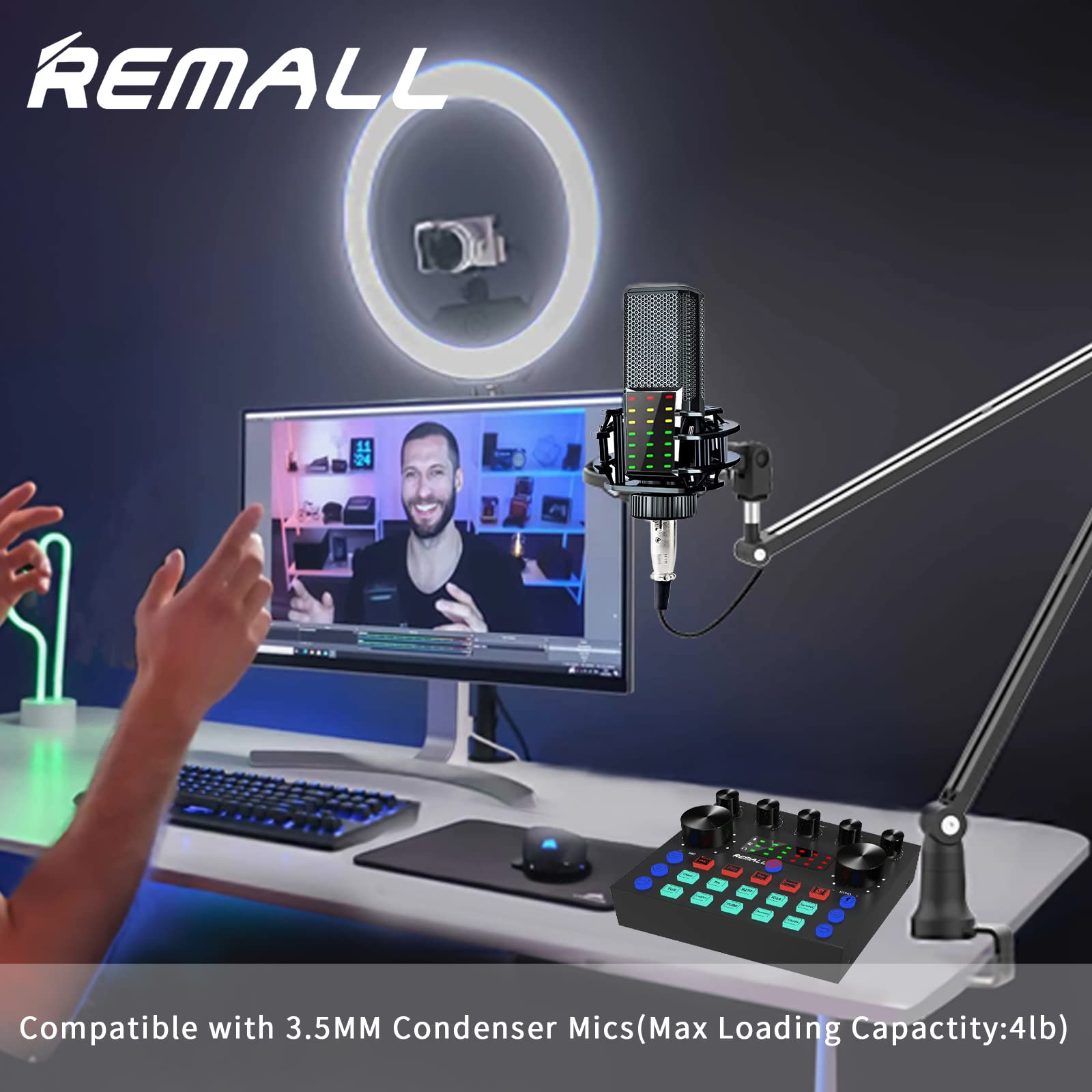 REMALL Audio Interface Podcast Equipment Bundle DJ Mixer Audio Streaming Podcast Microphone Studio Condenser Mic Gaming PC Phone Recording Card Sound Board