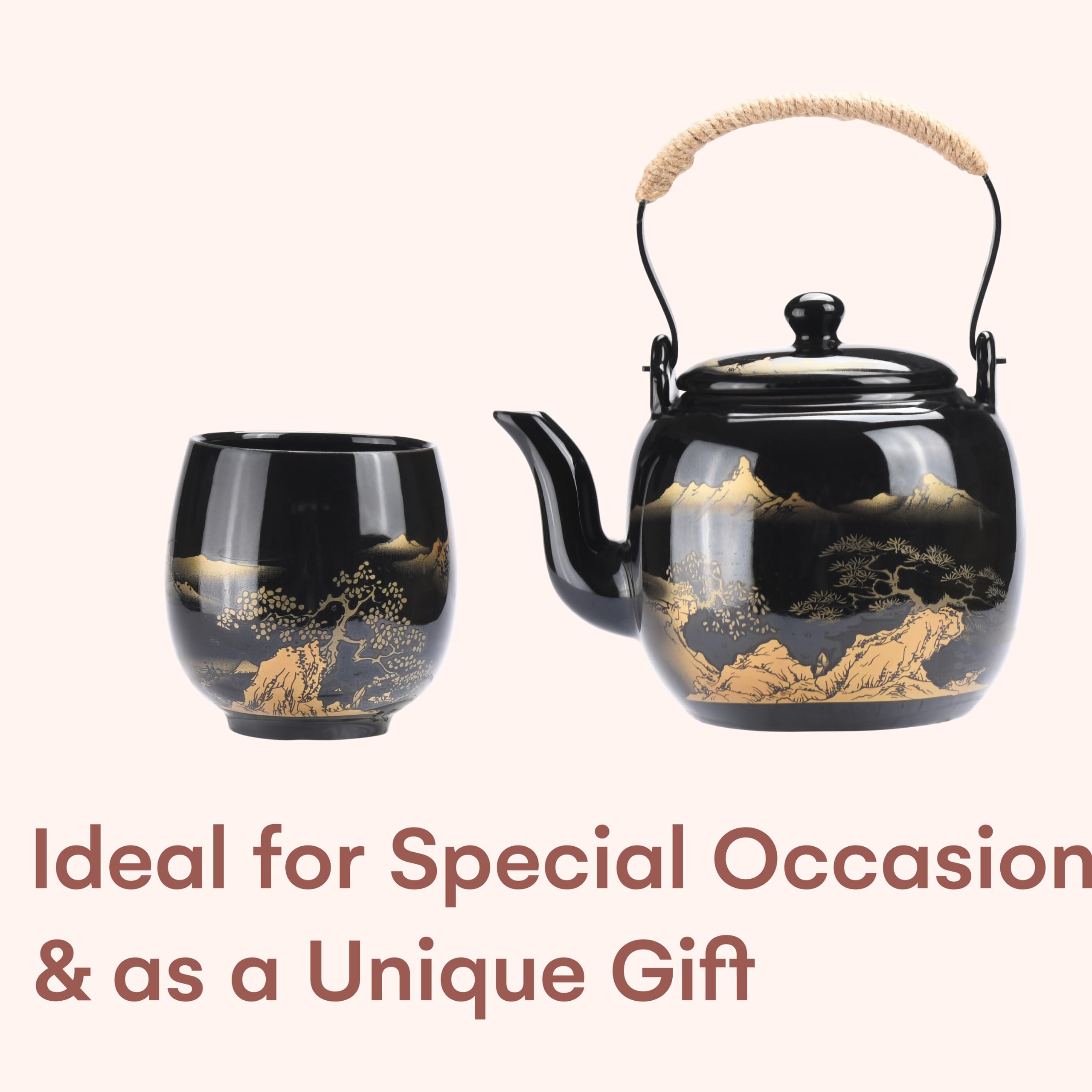 Kitchtic Japanese Porcelain Tea Set: Authentic Ceramic Teapot & Cups - Elegant Design for Tea Parties and Daily Use - Microwave & Dishwasher Safe - Ideal Gift for Tea Enthusiasts - 7 Pcs - Black