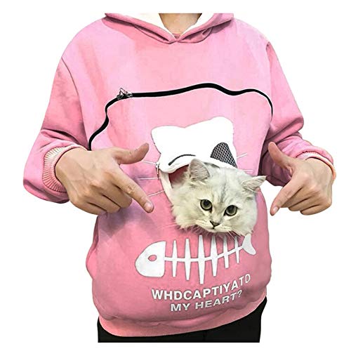 Women's Kitten Print Teen Hoodies Whdcaptiyated My Heart Solid Sweatshirts Cat Pouch Zipper Pet Carrier Sweatshirt Pink