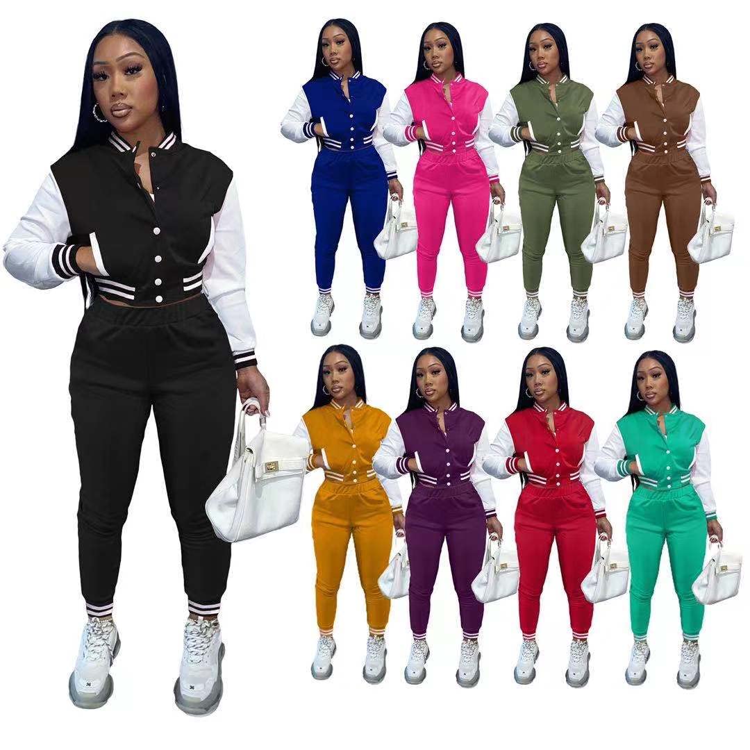 Remelon Womens 2 Piece Varsity Tracksuit Outfits Casual Long Sleeve Bomber Jackets Sweatpants Baseball Suit Sweatsuits