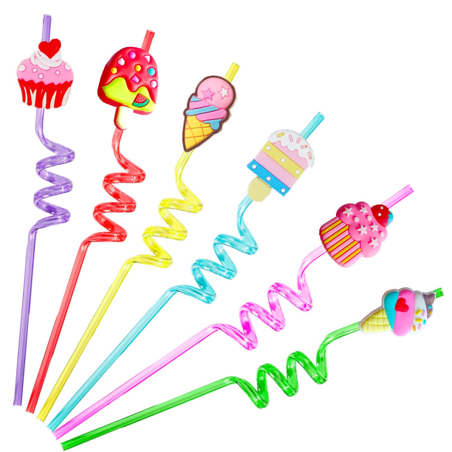 Reusable Ice Cream Straws Party Favors Supplies,24Pcs Plastic Cupcake Fun Cute Long Crazy Silly Spiral Drinking Straws for Kids Birthday Hawaiian Beach Cocktail Luau Party Decorations 1 Cleaning Brush