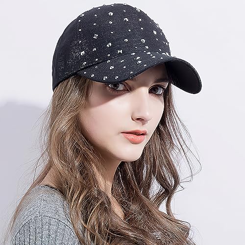 OYOWUOT Women's Rhinestone Baseball Cap, Bling Hat with Sequin Studded Crystals, Casual Glitter Diamonds Cap(Black)