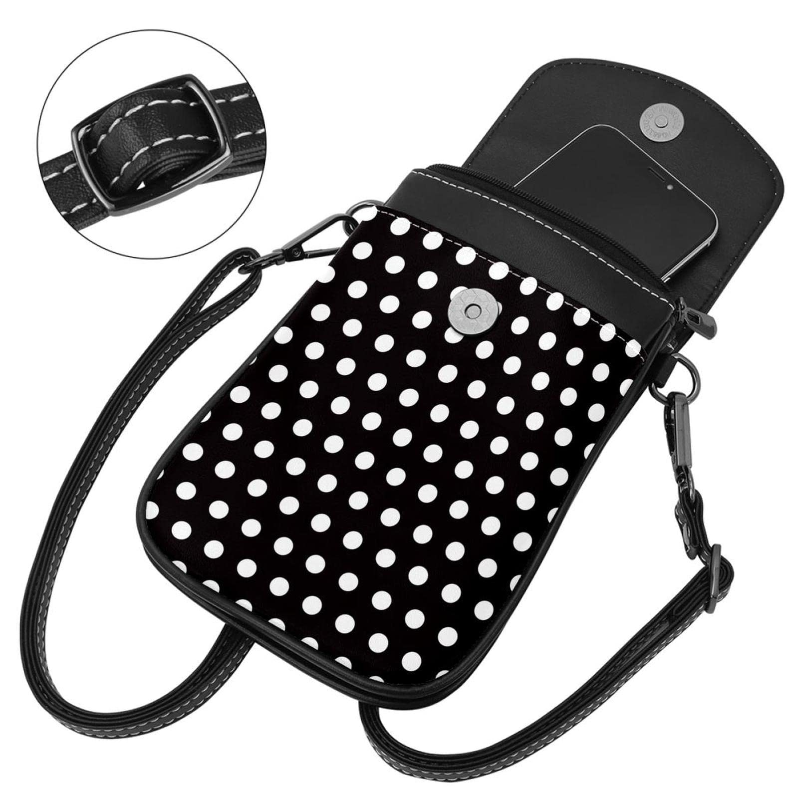 Small Crossbody Bag Polka Dots Black White Cell Phone Purse Wallet