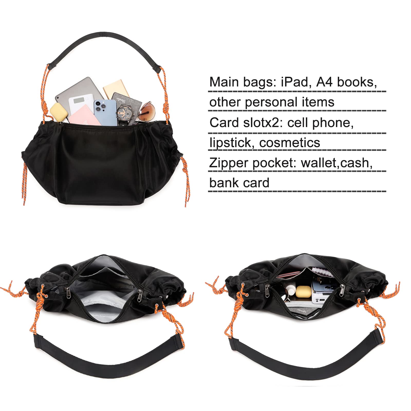 Sunborls Crossbody Bags for Women Casual Single Shoulder Sports Large Capacity Adjustable Pull Cord Tote Bag for College Student Dumpling Bag(Black)