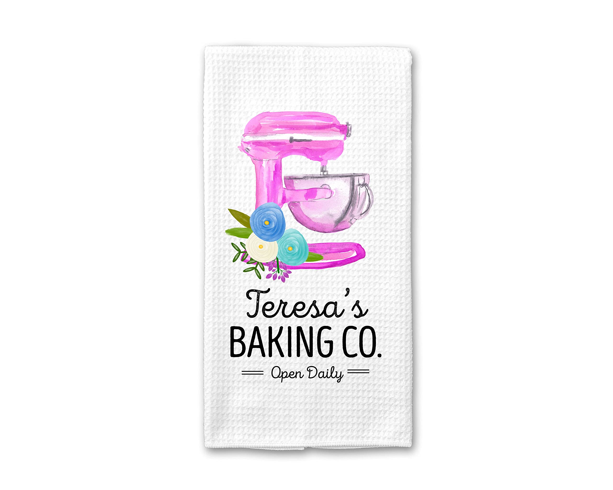 Personalized Baking Co. Kitchen Towel | Custom Waffle Weave Dish Towel | Personalized Kitchen Towel | Housewarming Gift | Wedding Gift | Housewarming Gift | Mixer Kitchen Towel | Baking Towel (Pink)