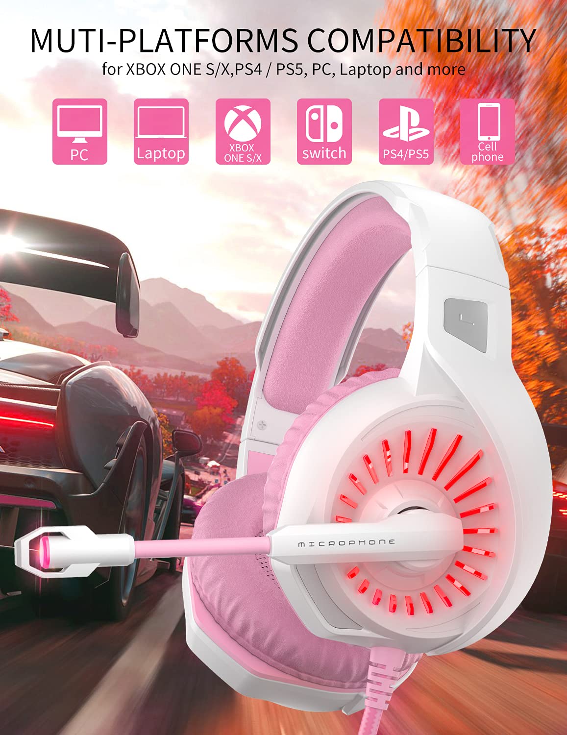 ONFINIO Gaming Headset PC Headphone with Surround Sound Stereo, PS4 Headset with Noise Canceling Mic & LED Light,Compatible with PC PS4 PS5 Xbox One Laptop Mac Phone Tablet