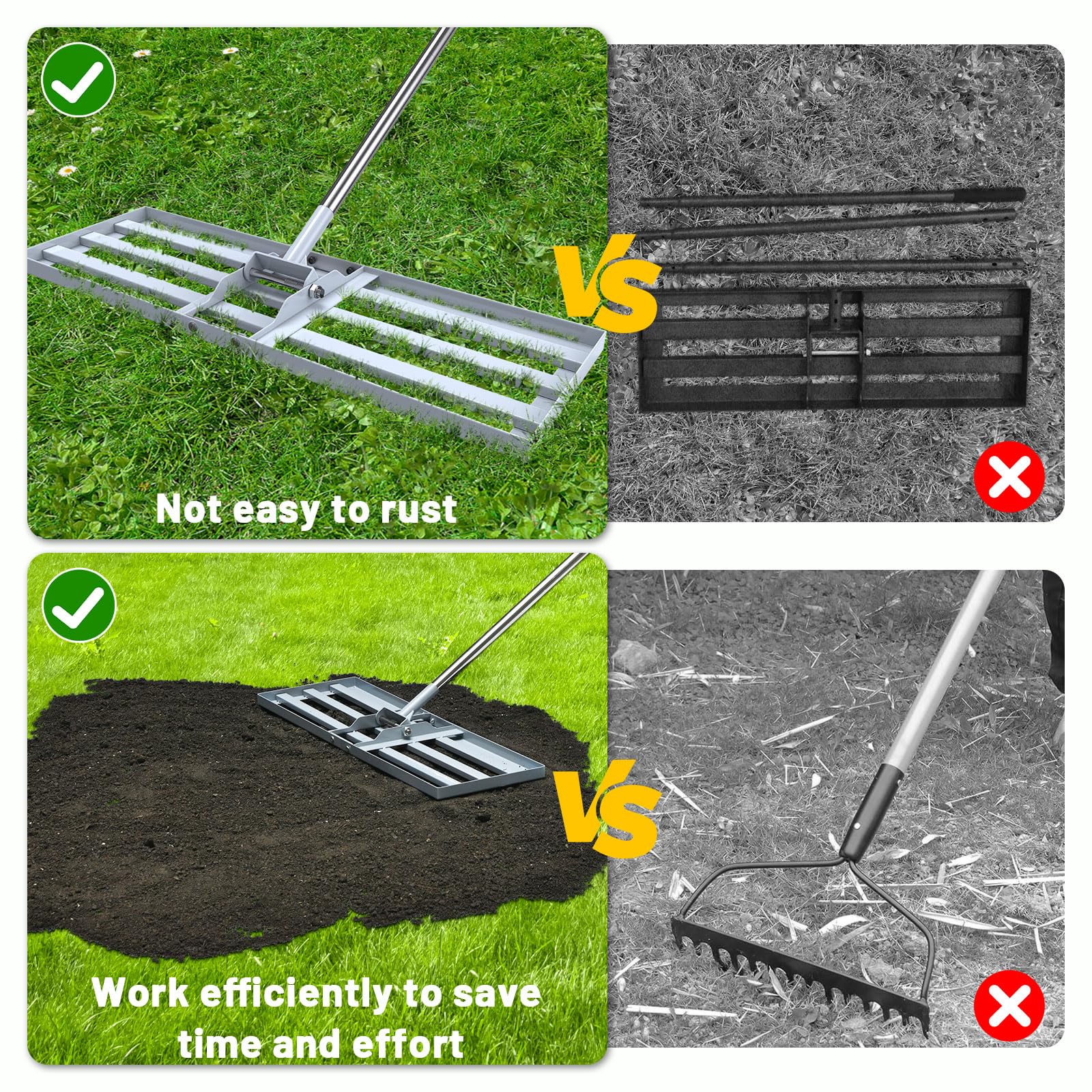 Sunvigor Lawn Leveling Rake, 30" x 10" Ground Plate with 6FT Adjustable Extra Long Handle Stainless Steel for Yard Garden - Heavy Duty Effort-Saving Leveling Soil Sand Spreading Dirt Top Dressing