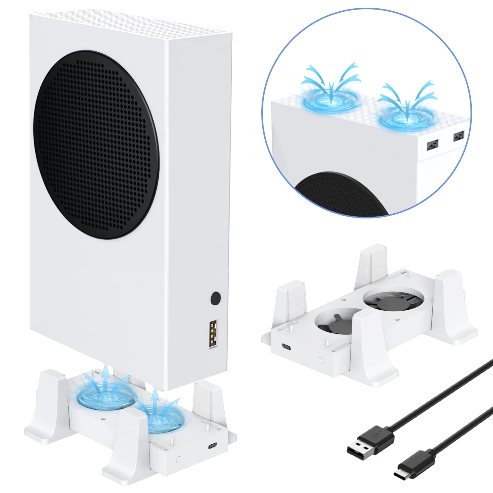 RTTACRTT Cooling Fan with Stand for Xbox Series S, Fan Cooling System, Cooling Stand Can Mount on Top or Bottom Cooler Station, 3 Fan Speeds Adjustable & 2 USB Ports