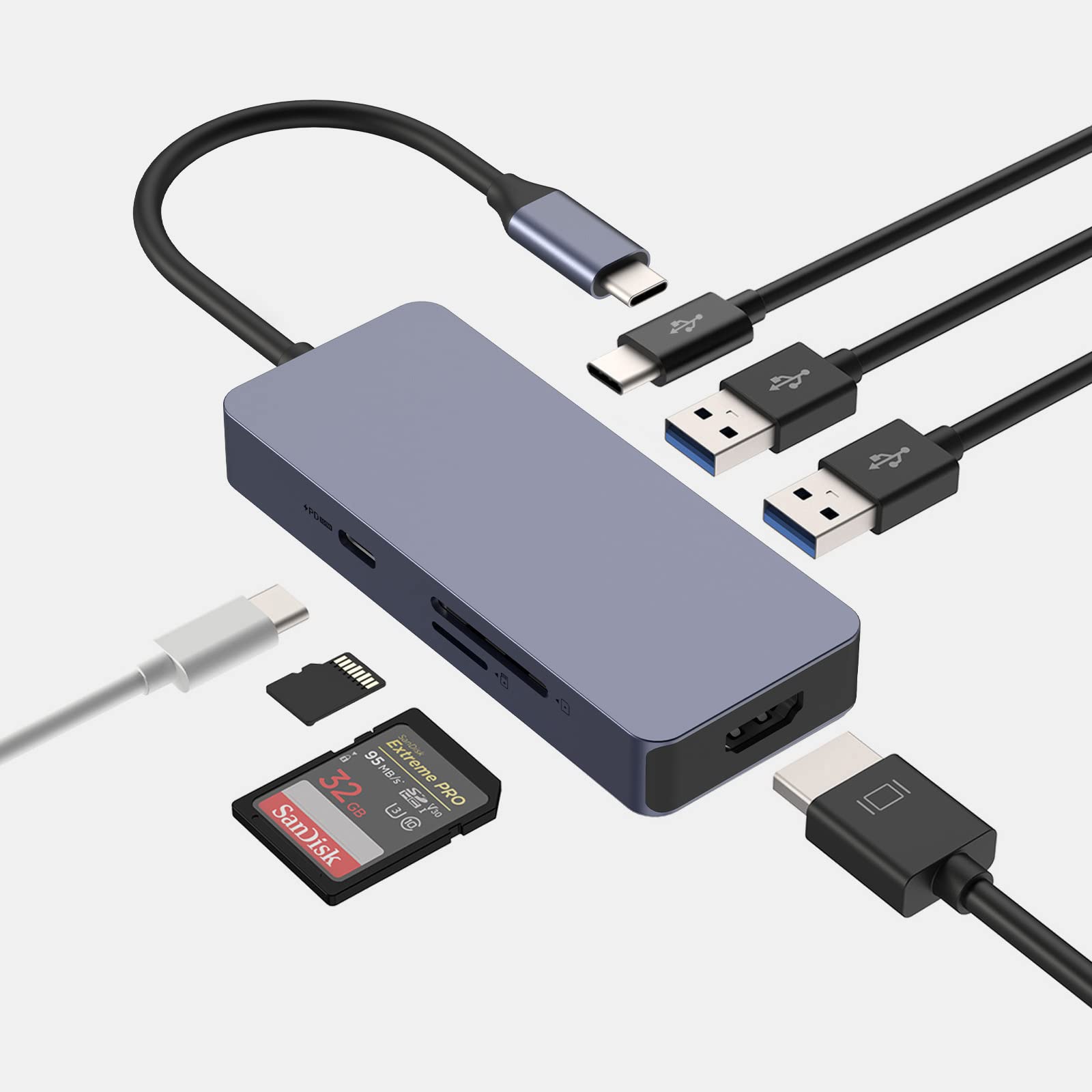 USB C Hub HOPDAY USB C to HDMI Dual Monitor USB C Adapter with 4K HDMI, 100W PD Charging, USB 3.0/2.0, SD/TF Card Reader Lenovo Laptop,Surface Pro