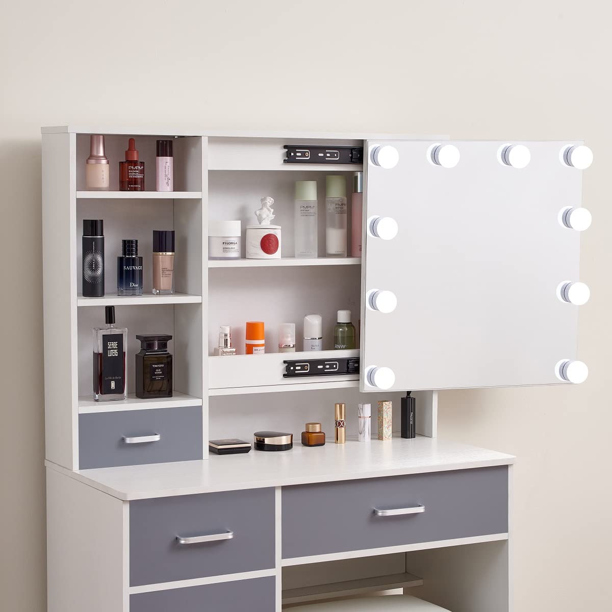 Large Vanity Desk Set with LED Lighted Mirror, 6 Drawers Makeup Vanities Dressing Table with Stool, for Bedroom, White