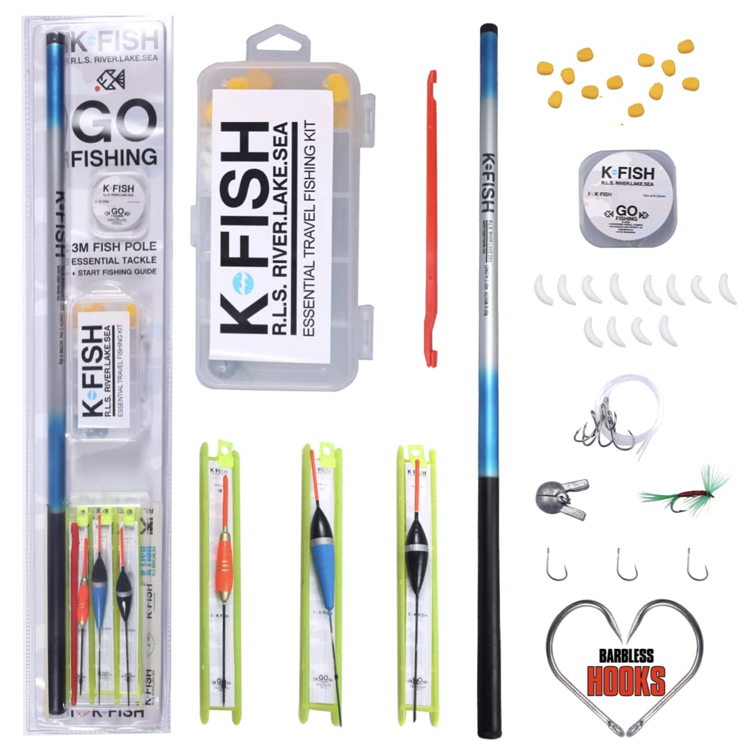 Rigged and Ready K-Fish 3m Telescopic Fishing Whip Pole, Float rigs Hooks Tackle. Pole 3 Pole rigs Hooks line Box 37 Pcs Tackle Lures Accessories. Fish Guide. Saltwater Freshwater Fish. Start Fishing
