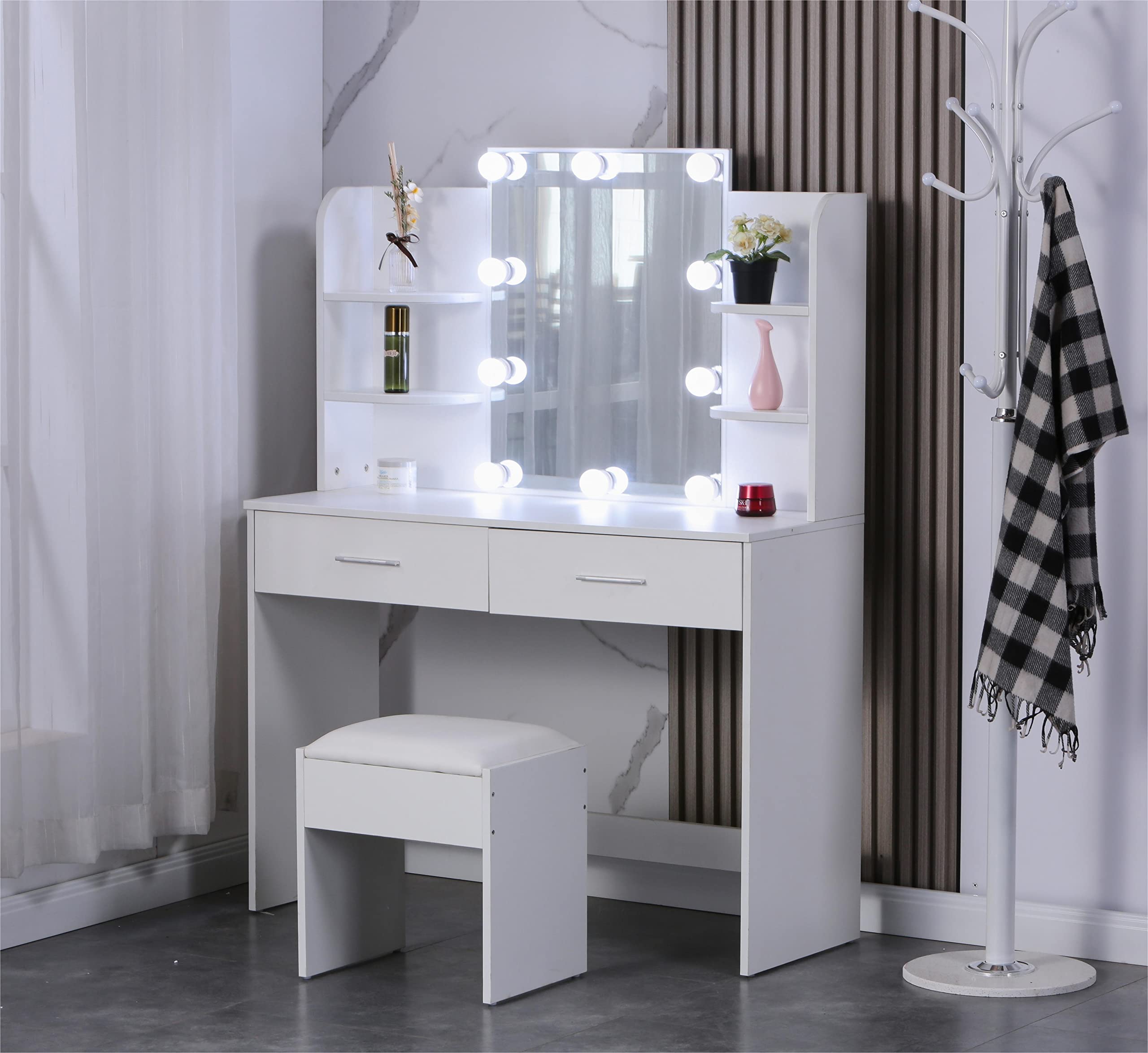 Large Vanity Set with 10 LED Light and Mirror, Makeup Table with Cushioned Stool, 6 Storage Shelves 2 Drawers, Dresser Desk for Women, Girls, Bedroom, White