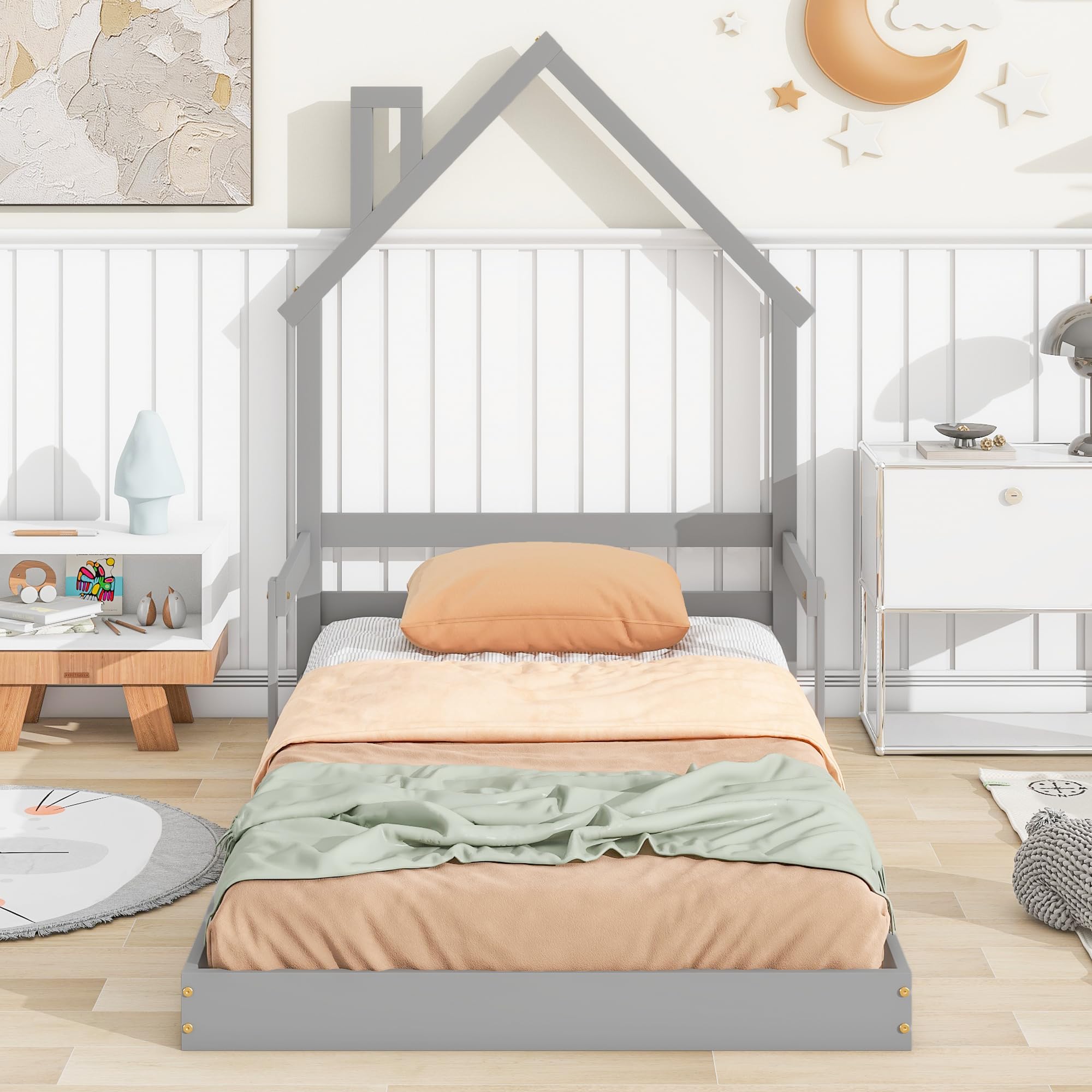 Zyerch Twin House-Shaped Headboard Floor Bed with Handrails,Wooden Bed Frame with Slat for Kids, Teens, Boys Or Girls,Grey