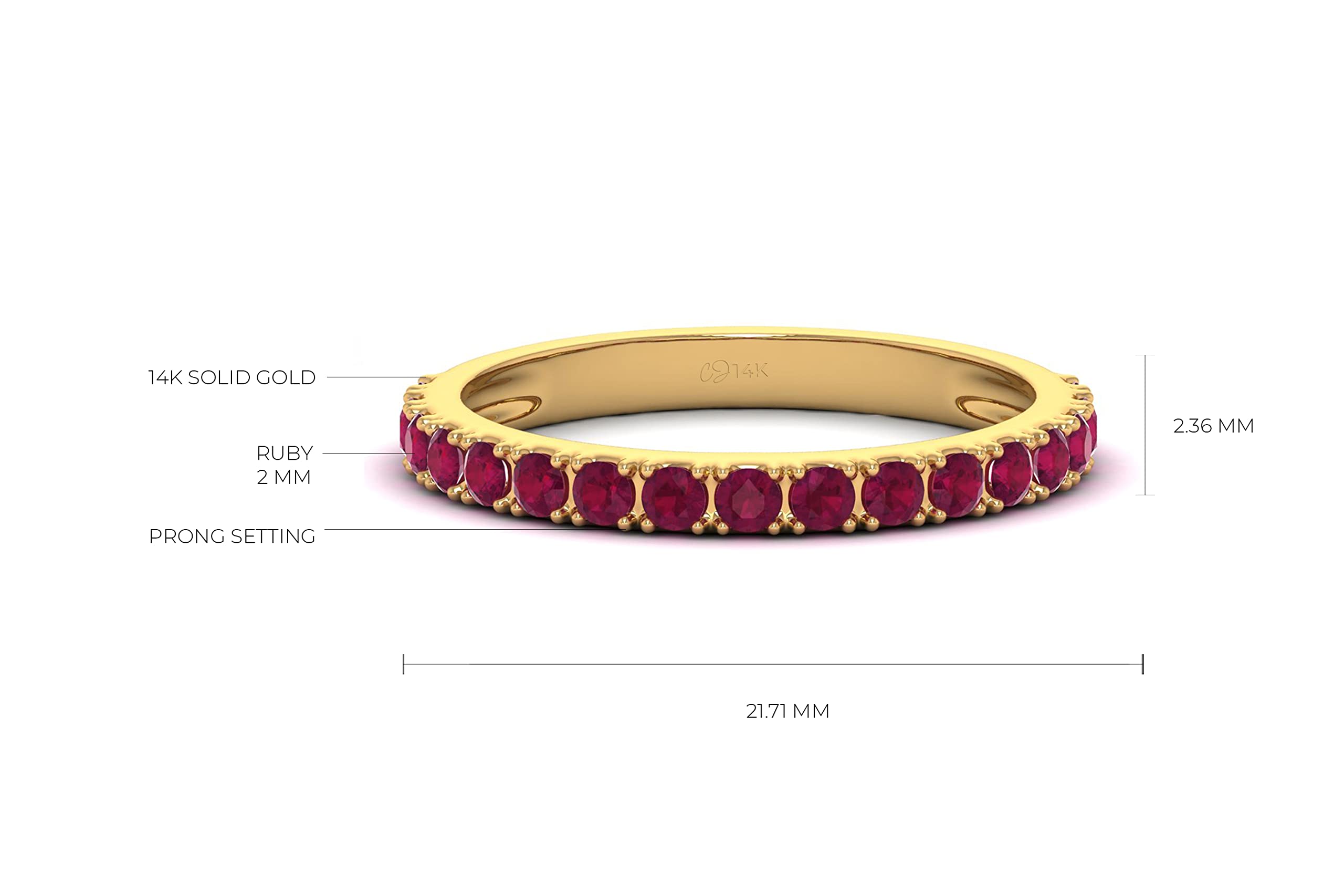 Ruby Eternity Band, 2mm Round Cut Birthstone Wedding Bands, 14k Yellow Gold Stackable Rings