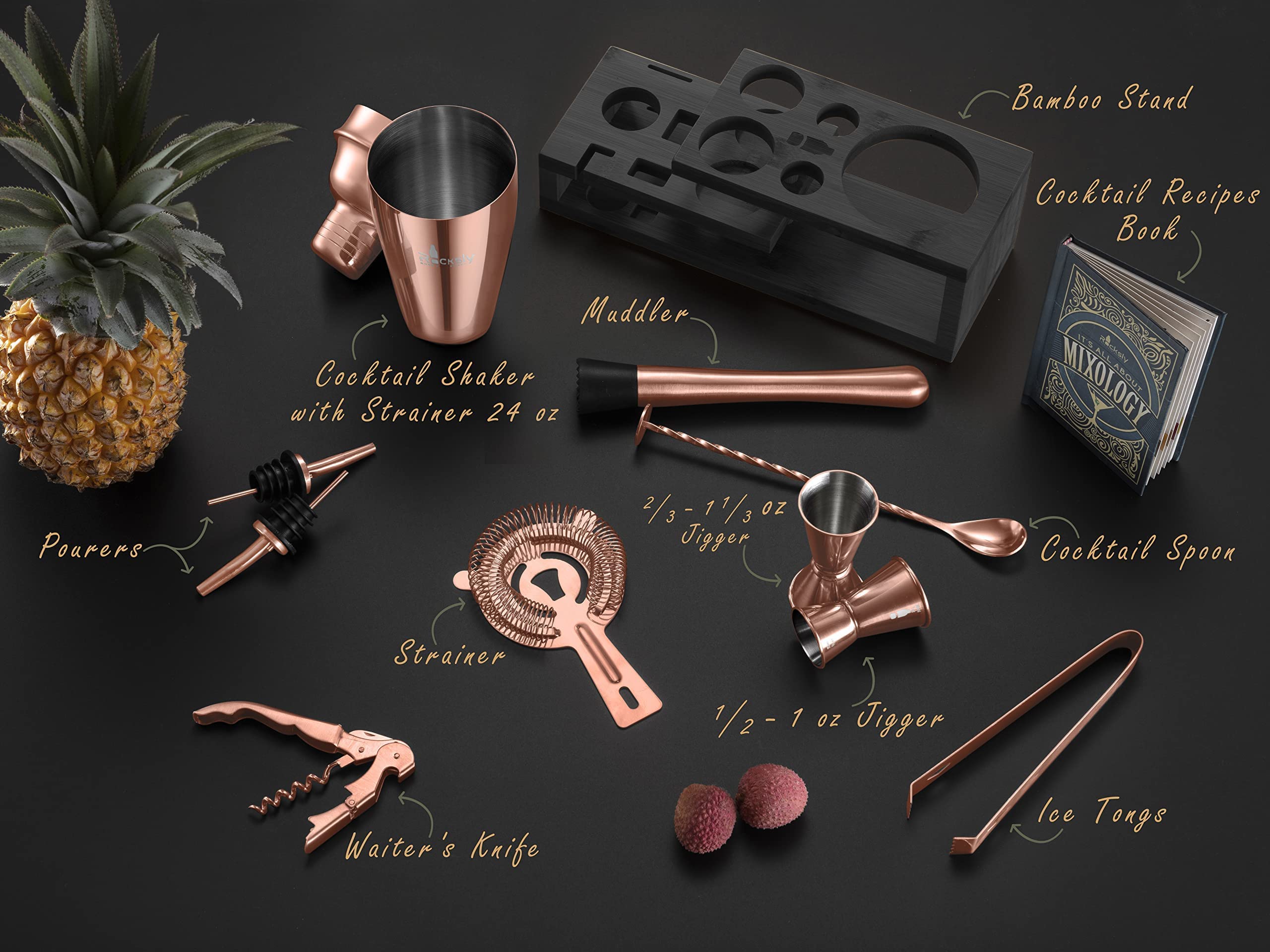 ROCKSLY MIXOLOGY BAR Set Premium Bartender Kit, Rectangular Tool Stand, Cocktail Shaker Strainer, Jiggers, Spoon, Tongs, Muddler, Pourers, Opener 10 Pc