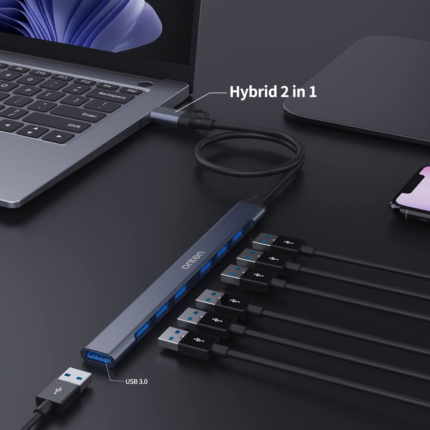 USB C Hub, ONTEN USB C USB to USB Adapter, USB C to USB A Hub, 7 Ports USB-C USB to USB Hub 3.0/2.0, for MacBook Pro, iMac 2021, USB Splitter Aluminum Alloy, Color Gray