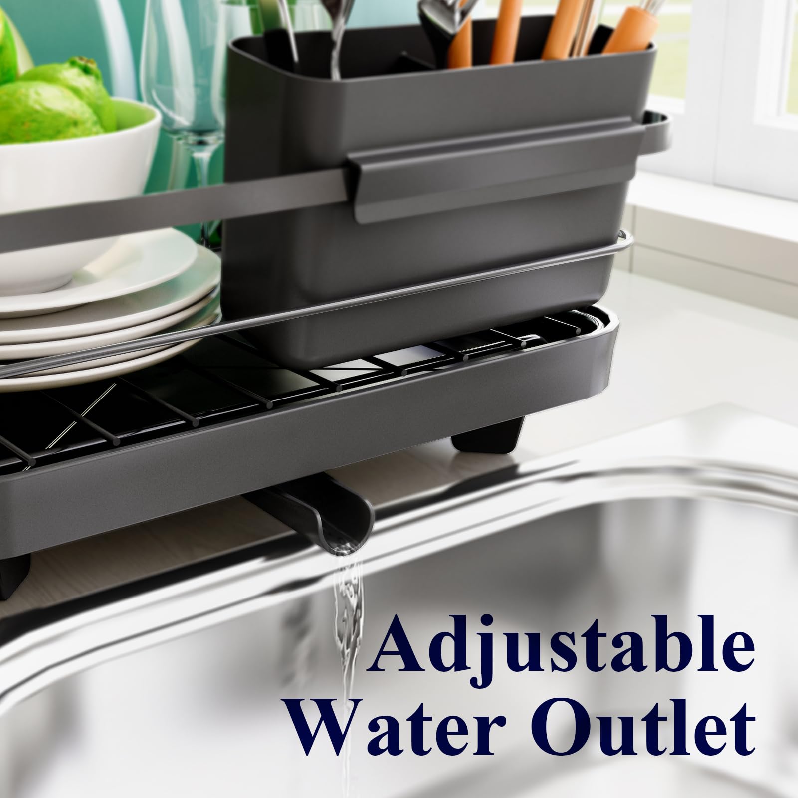 Kitsure Dish Drying Rack - Small Dish Racks for Kitchen Counter, Dish Rack with Adjustable Water Outlet, Stainless Steel Dish Drainers for Kitchen Counter, Drying Rack for Kitchen, Black