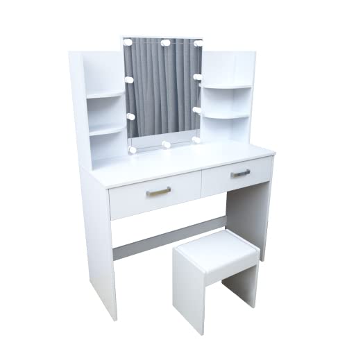 Large Vanity Set with 10 LED Light and Mirror, Makeup Table with Cushioned Stool, 6 Storage Shelves 2 Drawers, Dresser Desk for Women, Girls, Bedroom, White
