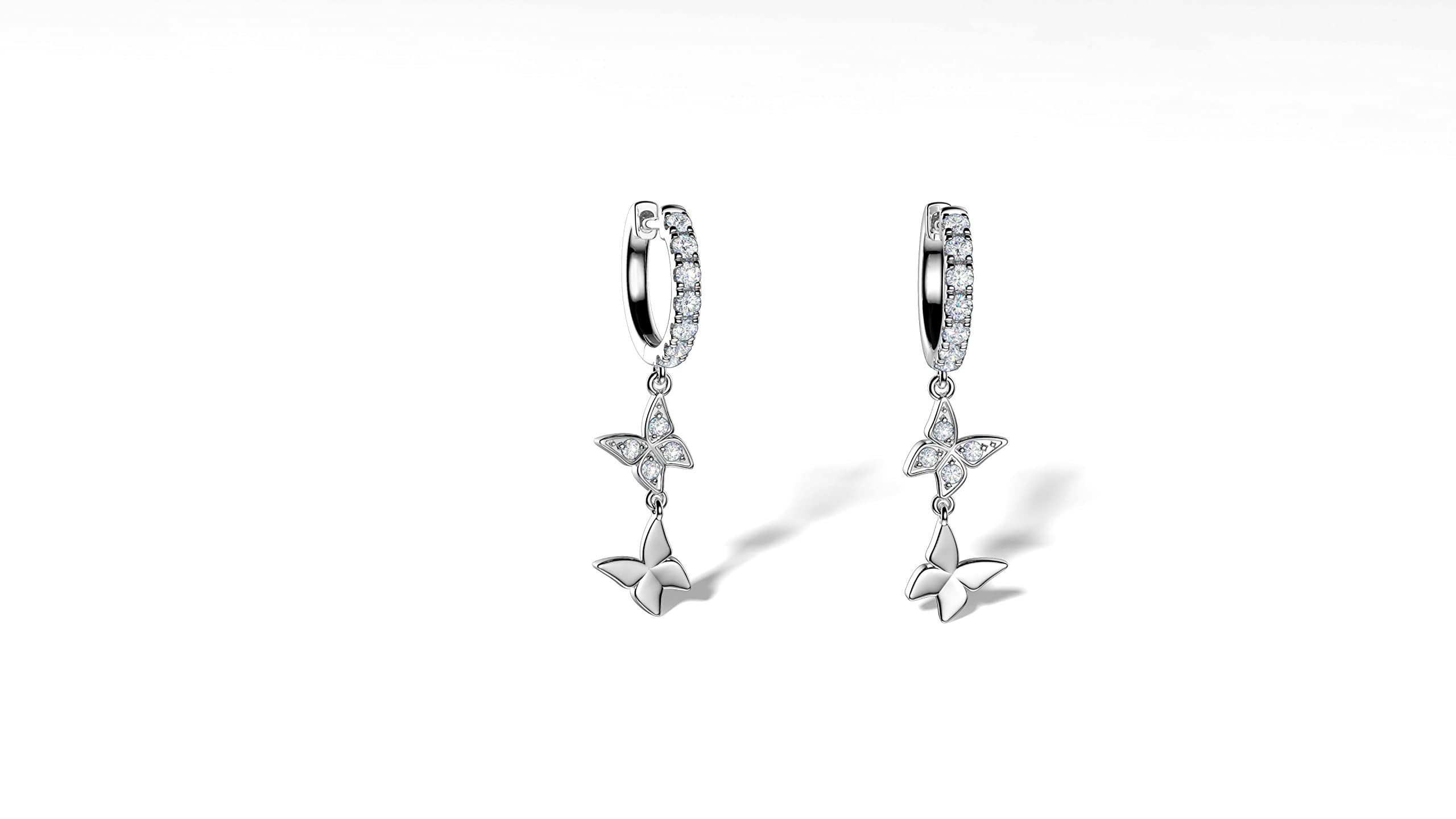 Rockher Sparkle in Elegance with .925 Sterling Silver Cubic Zirconia Double Butterfly Dangle Drop Huggie Hoop Earrings