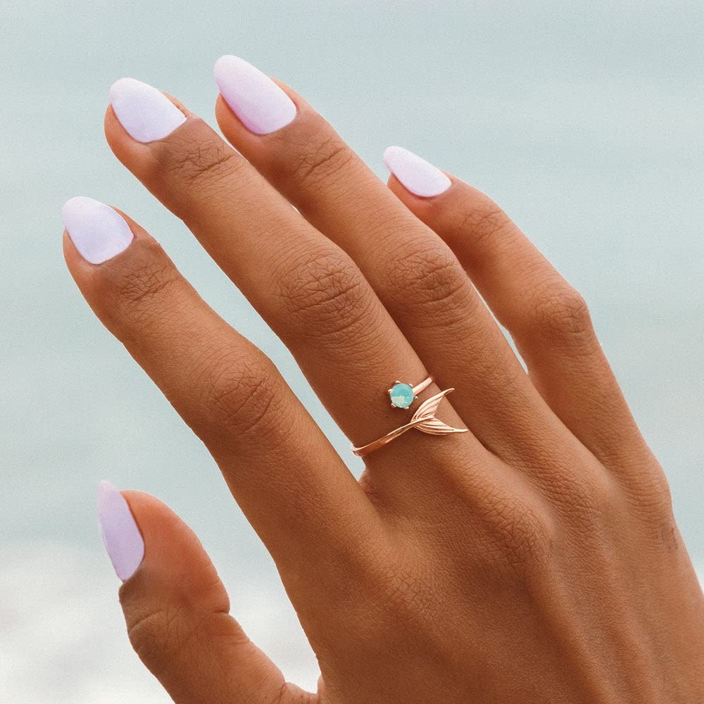 Pura Vida Rose Gold Disney Little Mermaid Fin Open Ring w/Opal Stone - Textured Charm, Brass Base - Size 7