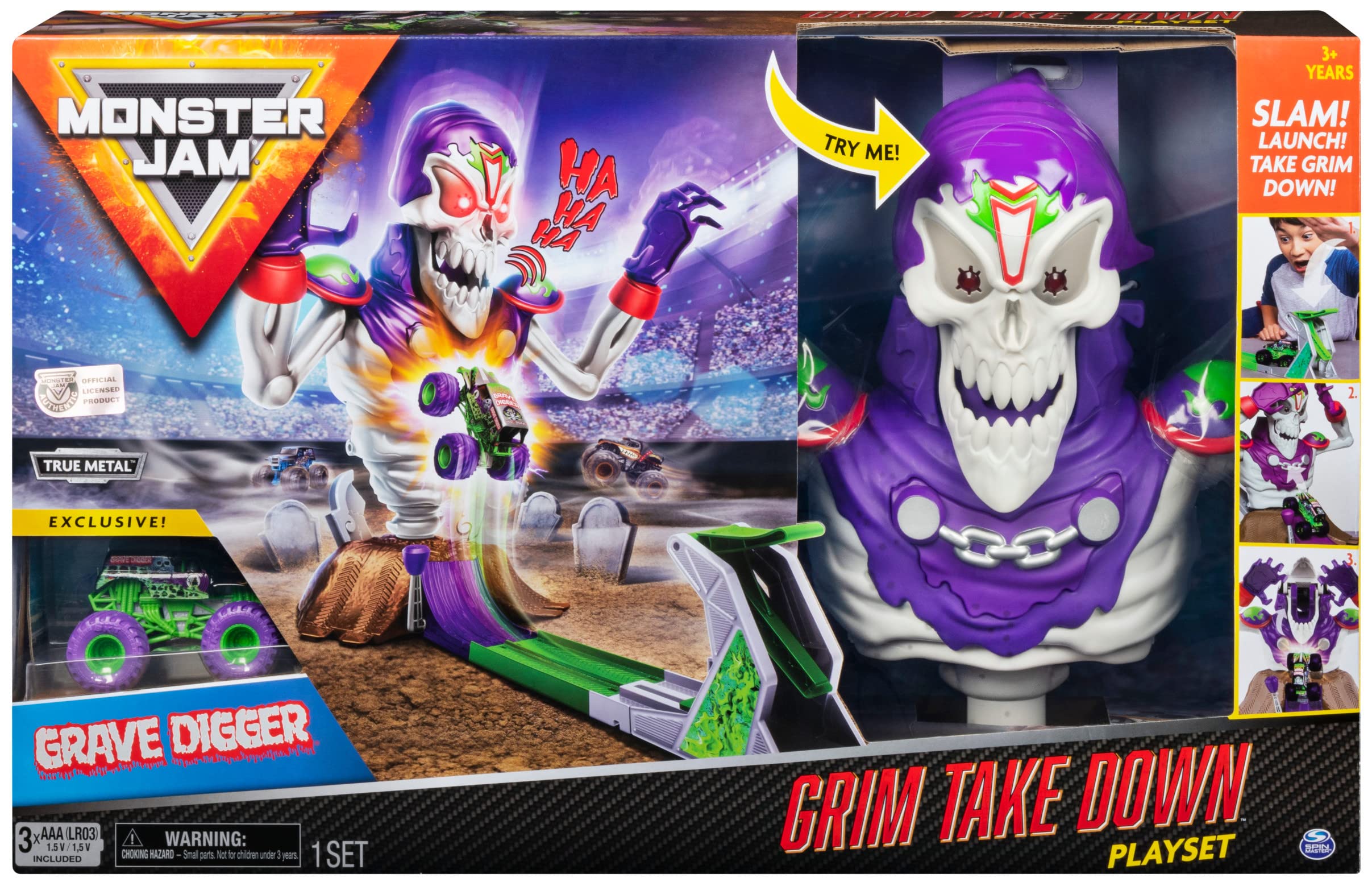Monster Jam, Grim Takedown Playset with Lights and Sounds, Featuring Exclusive 1:64 Scale Die-Cast Grave Digger Monster Truck