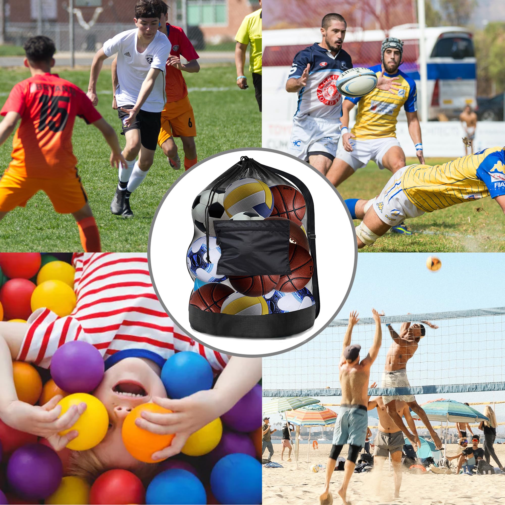 Rudmox Extra Large Mesh Ball Bag, Holding Basketball, Baseball, Swimming Gear or Beach Toy with Shoulder Strap Bottle Holder and Adjustable Shoulder Strap for Sports Team and Coach (Black)
