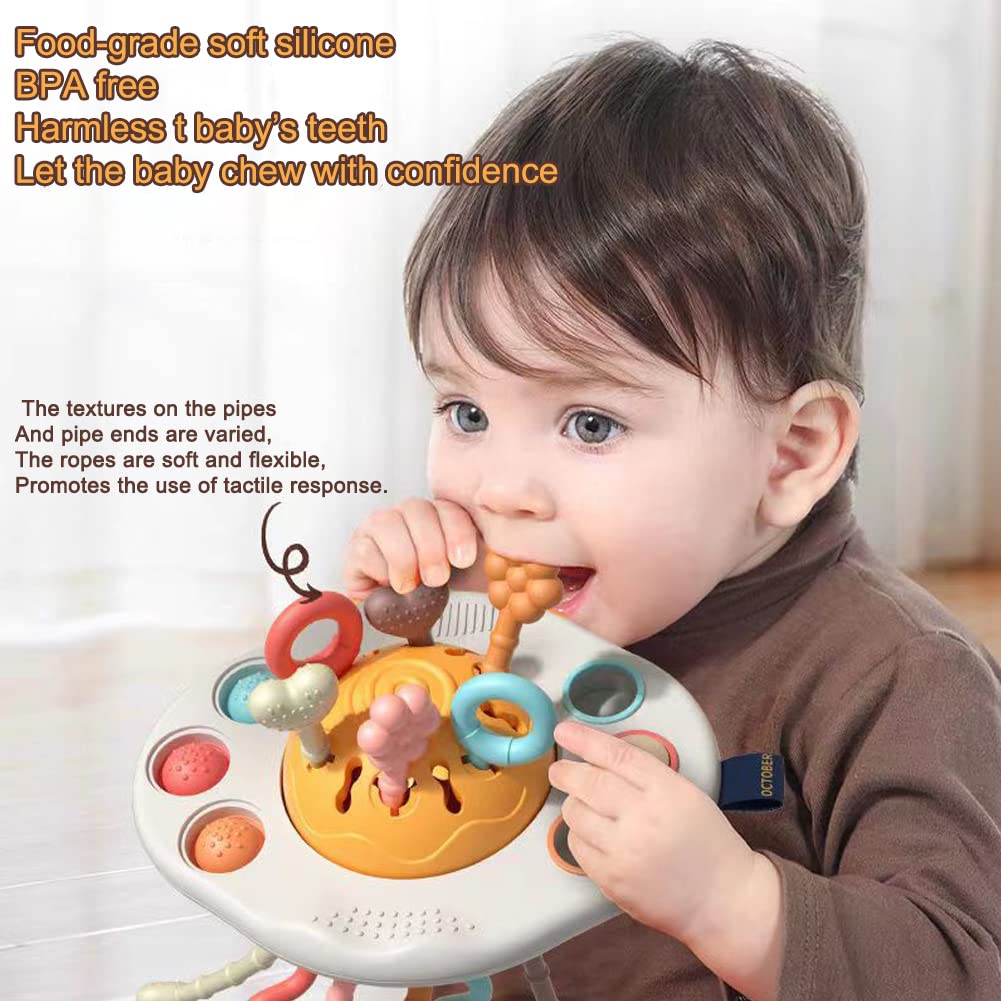 Silicone Pull String Interactive Toy,Toddlers Montessori Toys Interactive Learning Sensory Development,UFO Travel Toy for Baby 18+ Months, Food Grade Silicone Fine Motor Skills Toys