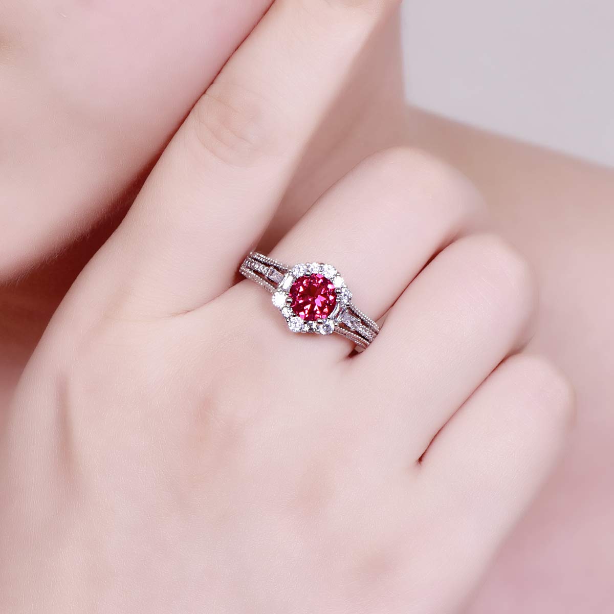 Momius 925 Sterling Silver Created Ruby Spinel 4-Prong Round Brilliant CZ Cut Halo Pave Triple Row Wedding Engagement Eternity Ring for Women Size 6