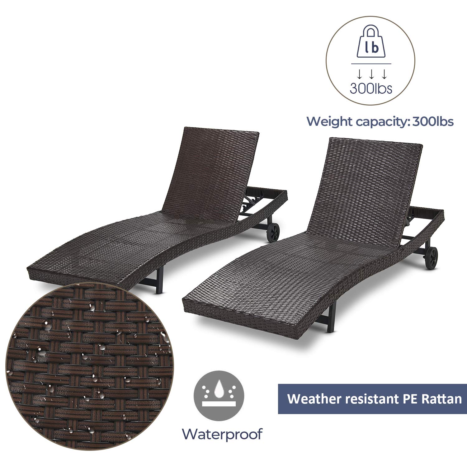 LAUREL CANYON Chaise Lounge Sets with Wheels PE Rattan Adjustable Back Reclining Chair for Patio, Beach, Yard, Pool, Brown