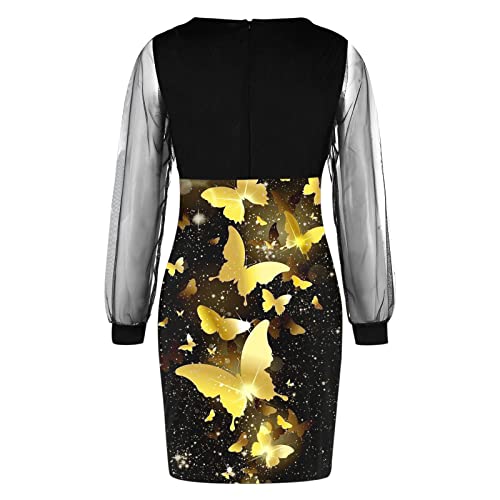 Pinkpaopao Floral Pattern Printed Mini Dress for Women Mesh Deep V Neck Long Sleeve High Waisted Wrap Dress Yellow