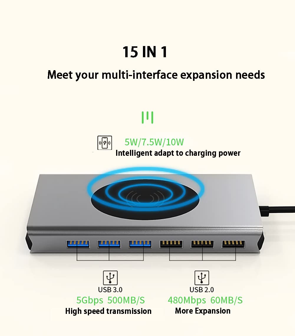 USB C Hub,USB-C Laptop Docking Station,15 in 1 Type C Adapter Compatible for MacBook and Windows(HDMI VGA PD3.0 SD TF Card Reader Gigabit Ethernet USB Ports)
