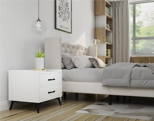 Youmumeub Nightstand with 2 Drawers White Besides Table for Bedroom Modern End Table for Bedroom Sofa Small Caninet with Solid Metal Legs