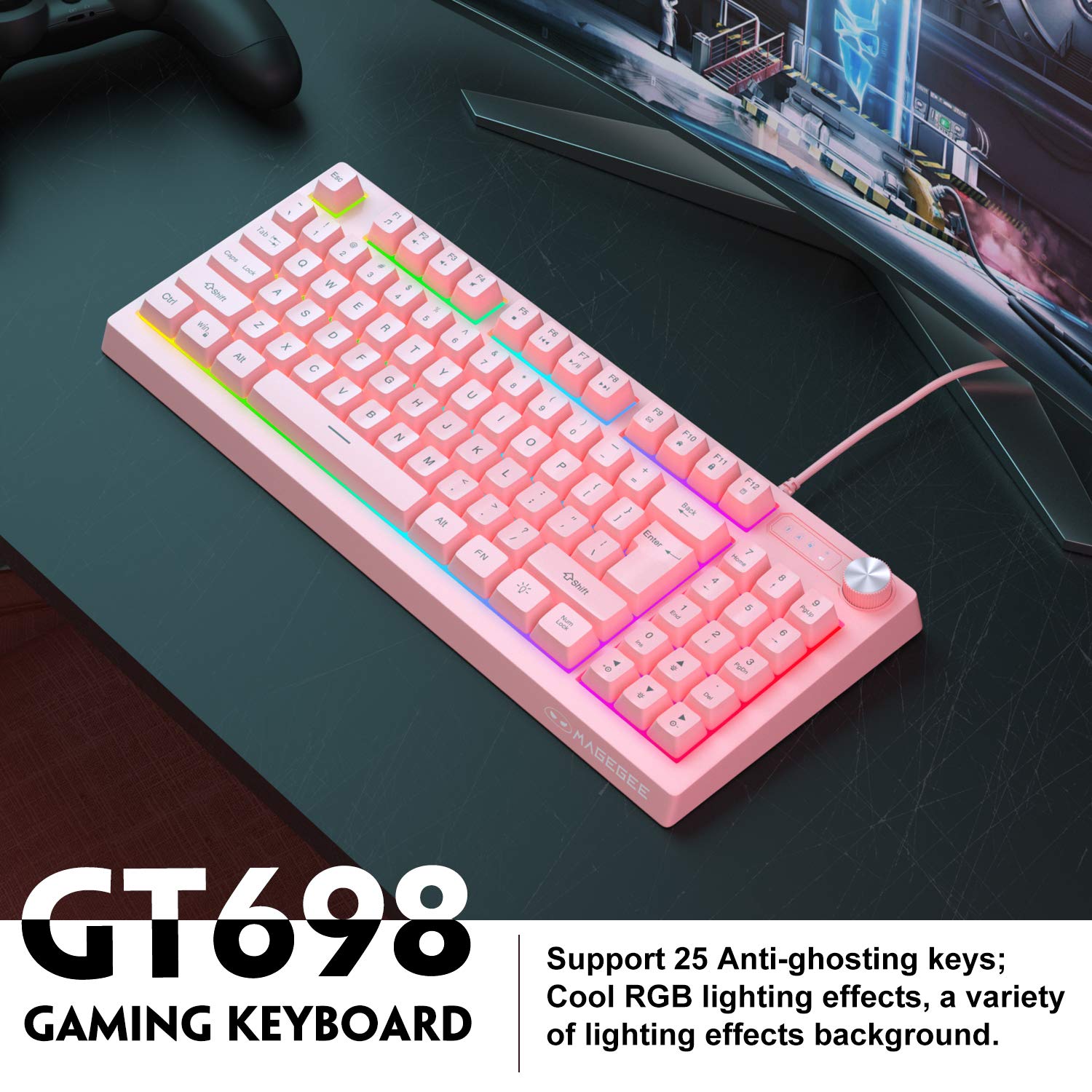 MageGee GT698 TKL Gaming Keyboard, 89 Keys RGB Rainbow Backlit Computer Keyboard, Anti-Ghosting USB Wired Gaming Keyboard for Windows Gaming PC Laptop (Pink)