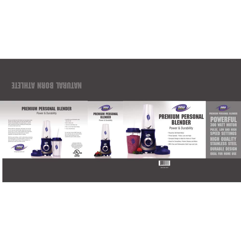NOW Sports Nutrition, Personal Blender with Two BPA-Free and Dishwasher-Safe Cups and Lids, 300 Watt, 1-Blender